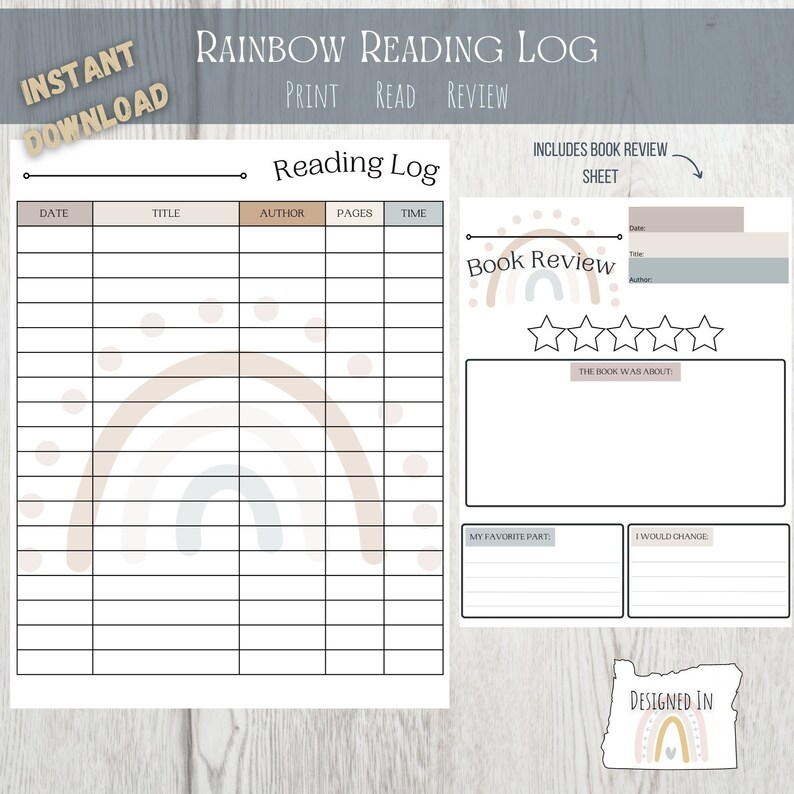 Printable Reading Log for Children or Adults | Boho Rainbow Reading Log ...