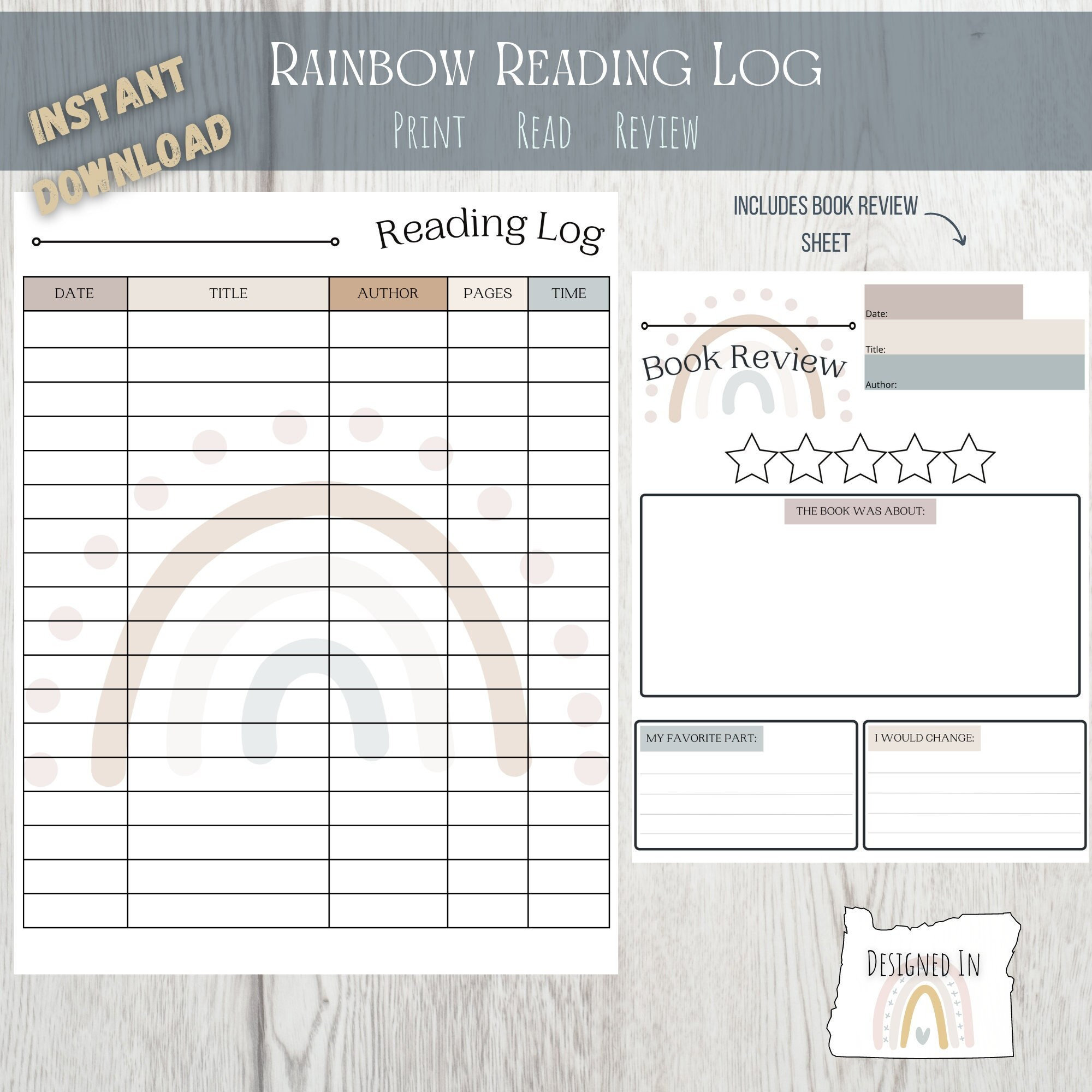 Printable Reading Log for Children or Adults | Boho Rainbow Reading Log ...