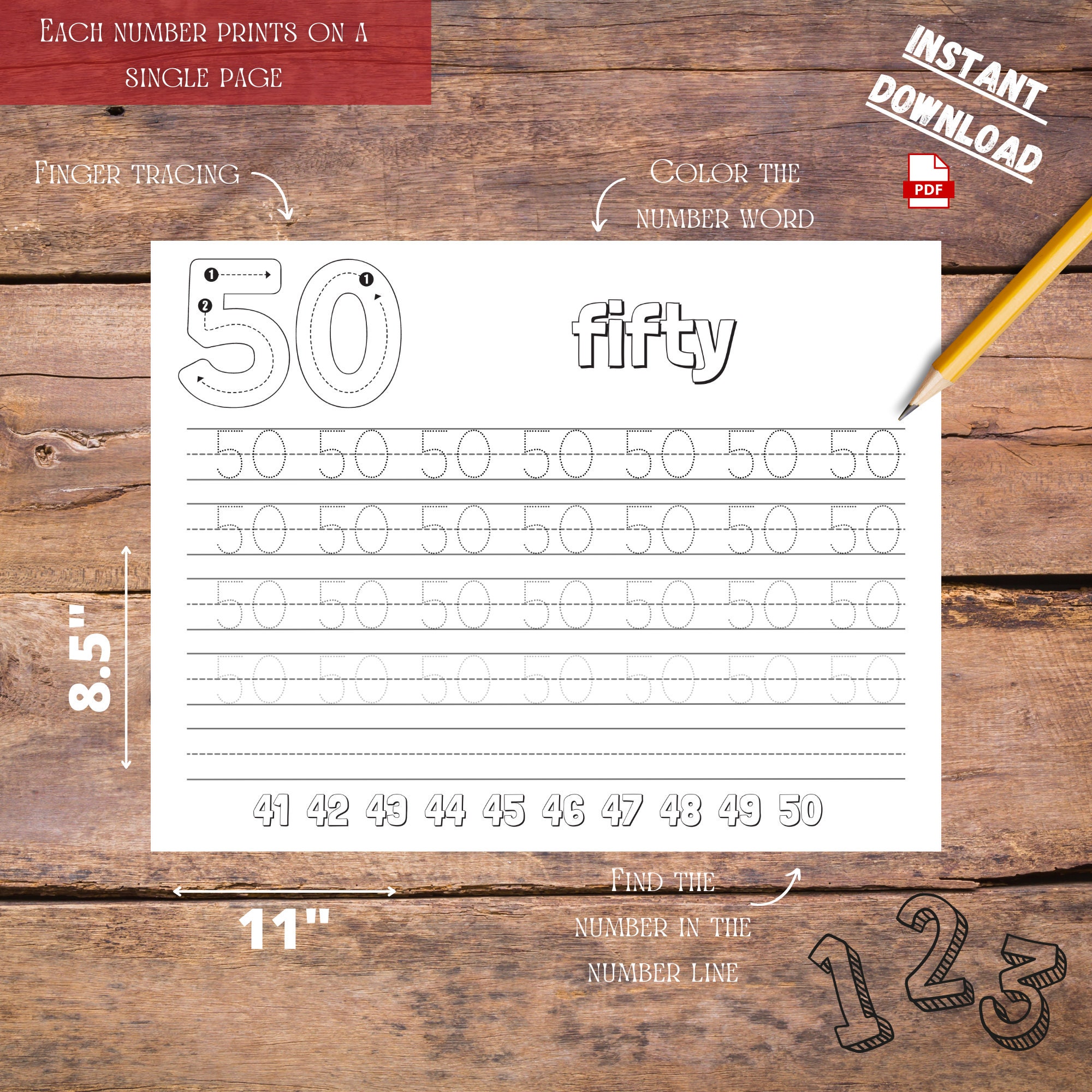 Number Tracing Practice Worksheets Printable for Kindergarten | 1 to 50 ...