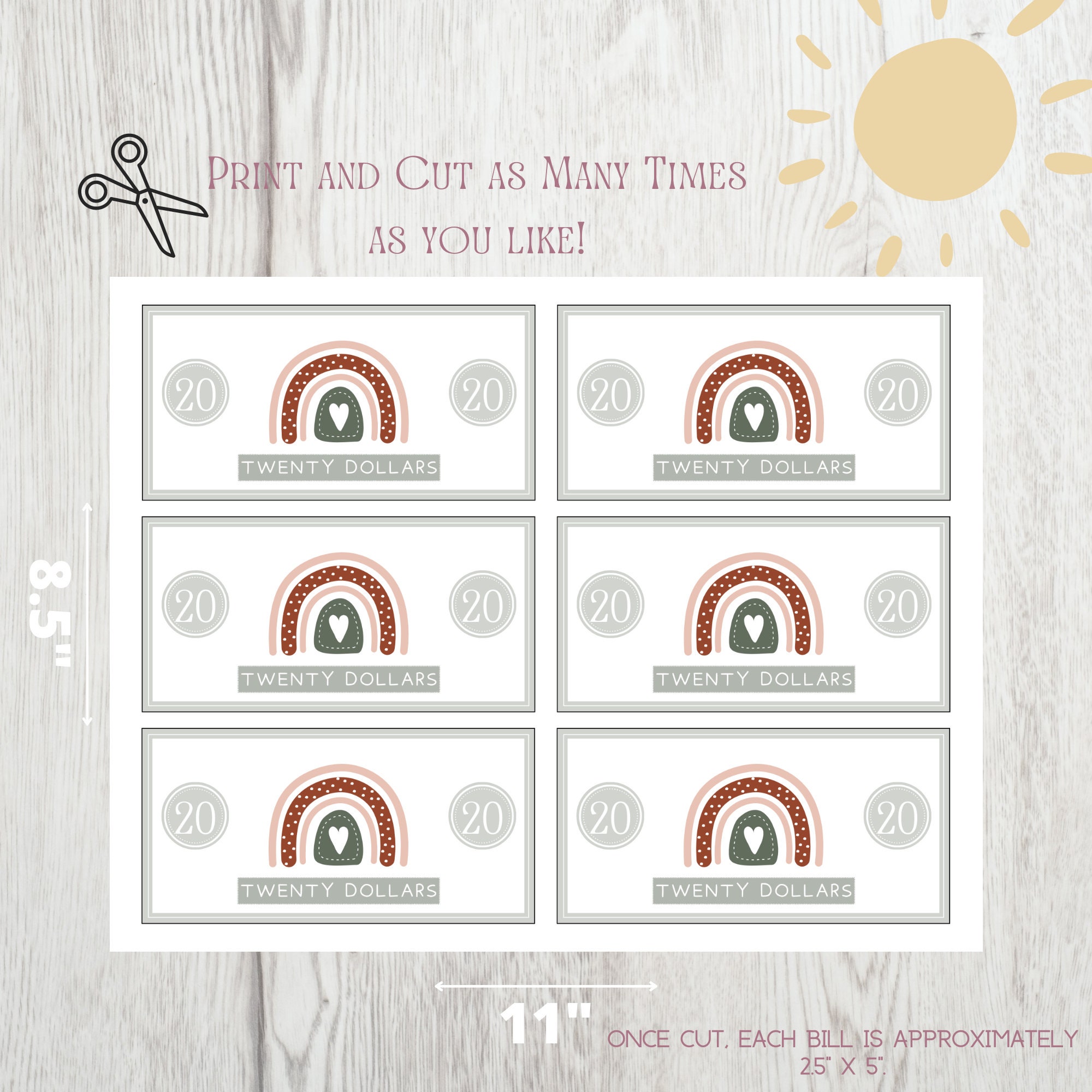 Printable Play Money for Kids | Boho Rainbow Pretend Money for ...