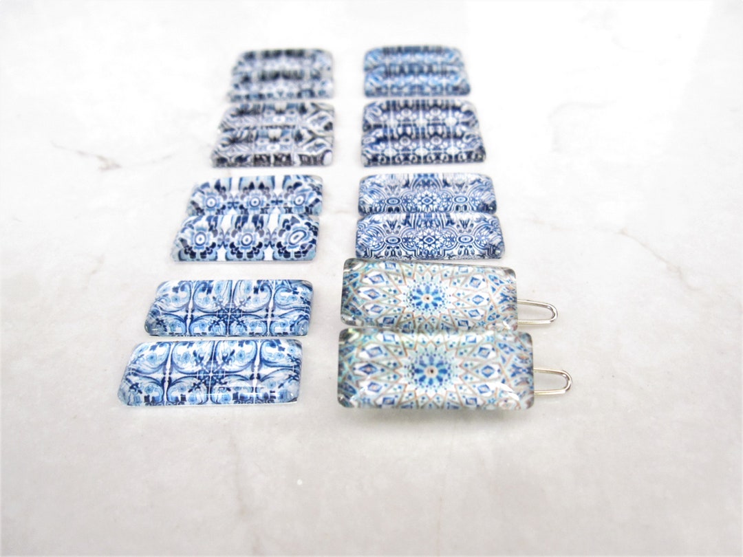Set of Two Tiny Small Blue Mosaic Glass Tile Hair Clips Barrettes for ...