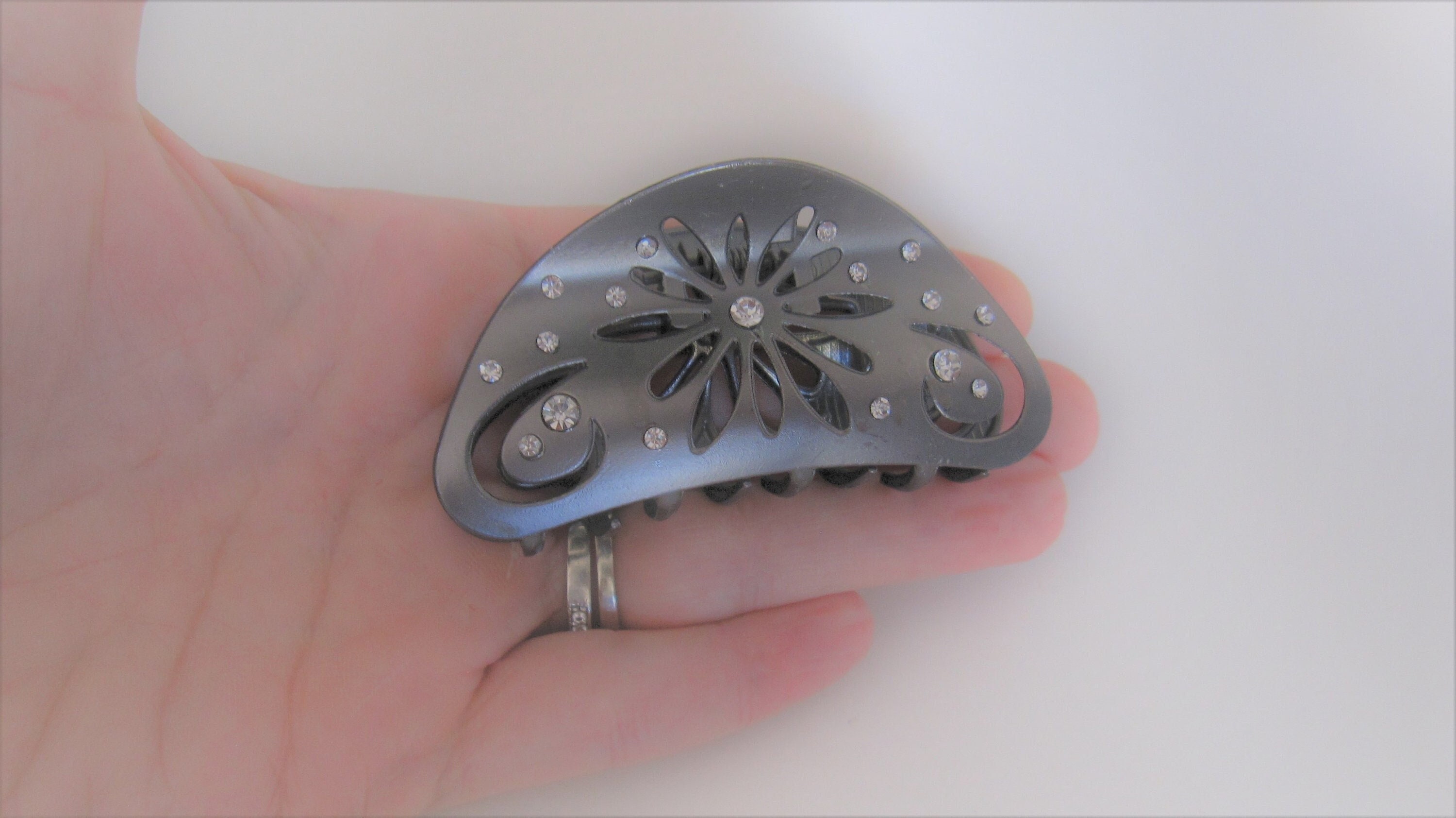 Matte Silver Dark Gun Metal Flower Metal Crystal Hair Claw - Etsy