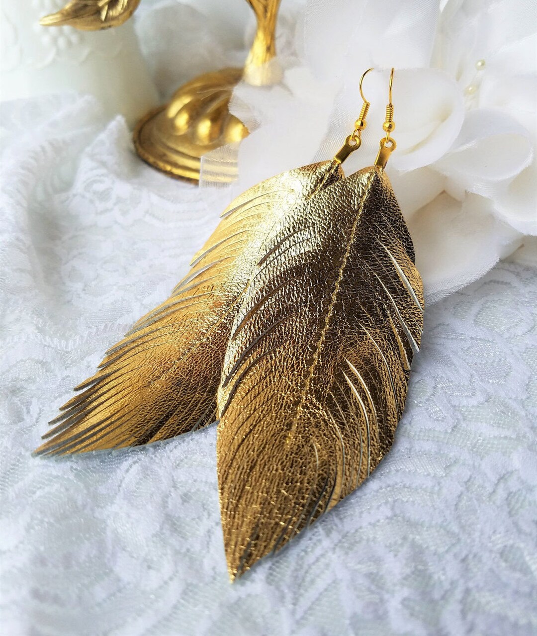 Gold Leather Feather Earrings, Gold Fringe Earrings, Leather Earrings ...