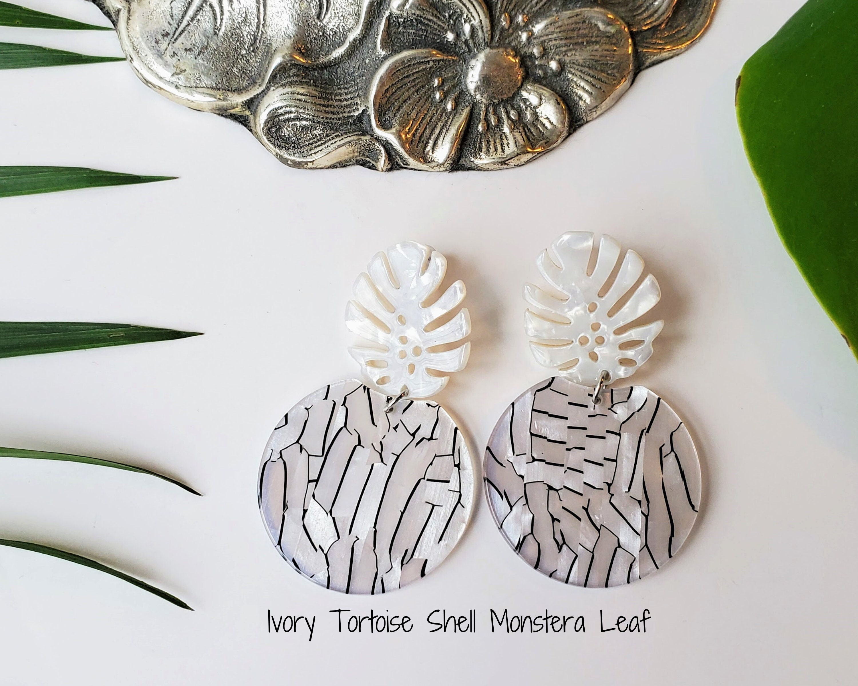 Gold Monstera Leaf Earrings Plant Earrings Black and White | Etsy