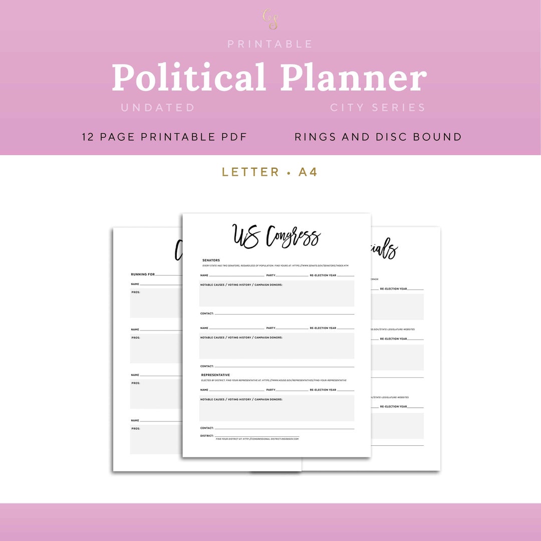 Political Planner Printable Election Worksheet Pages, Letter and A4 ...