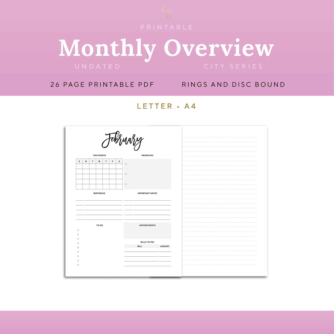 Monthly Overview Planner Printable Page, Letter and A4 Ring and Disc ...