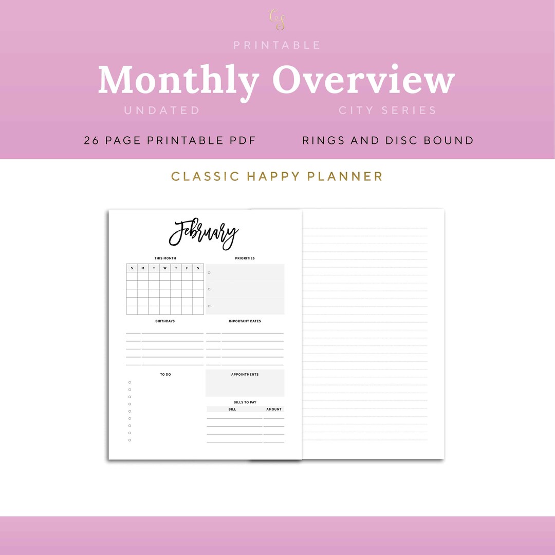 Monthly Overview Planner Printable Page, Classic Happy Planner Disc ...