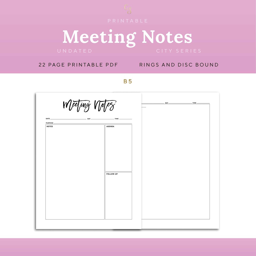 Meeting Notes Planner Pages, B5 Printable Planner Inserts, Rings and ...