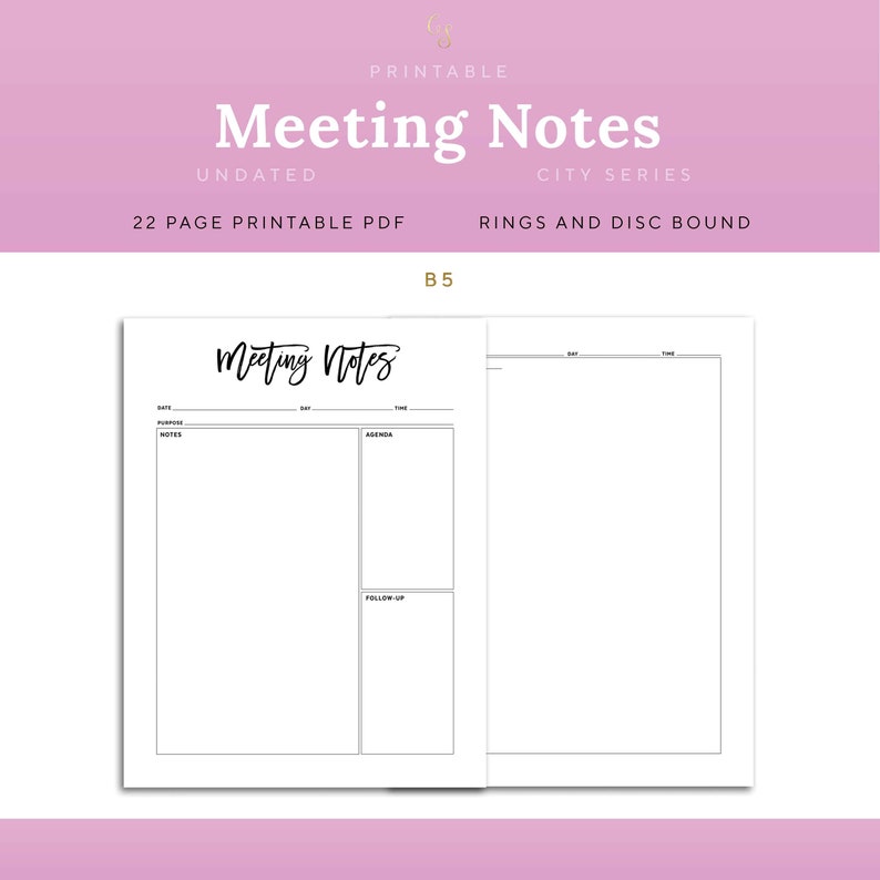 Meeting Notes Planner Pages, B5 Printable Planner Inserts, Rings and ...