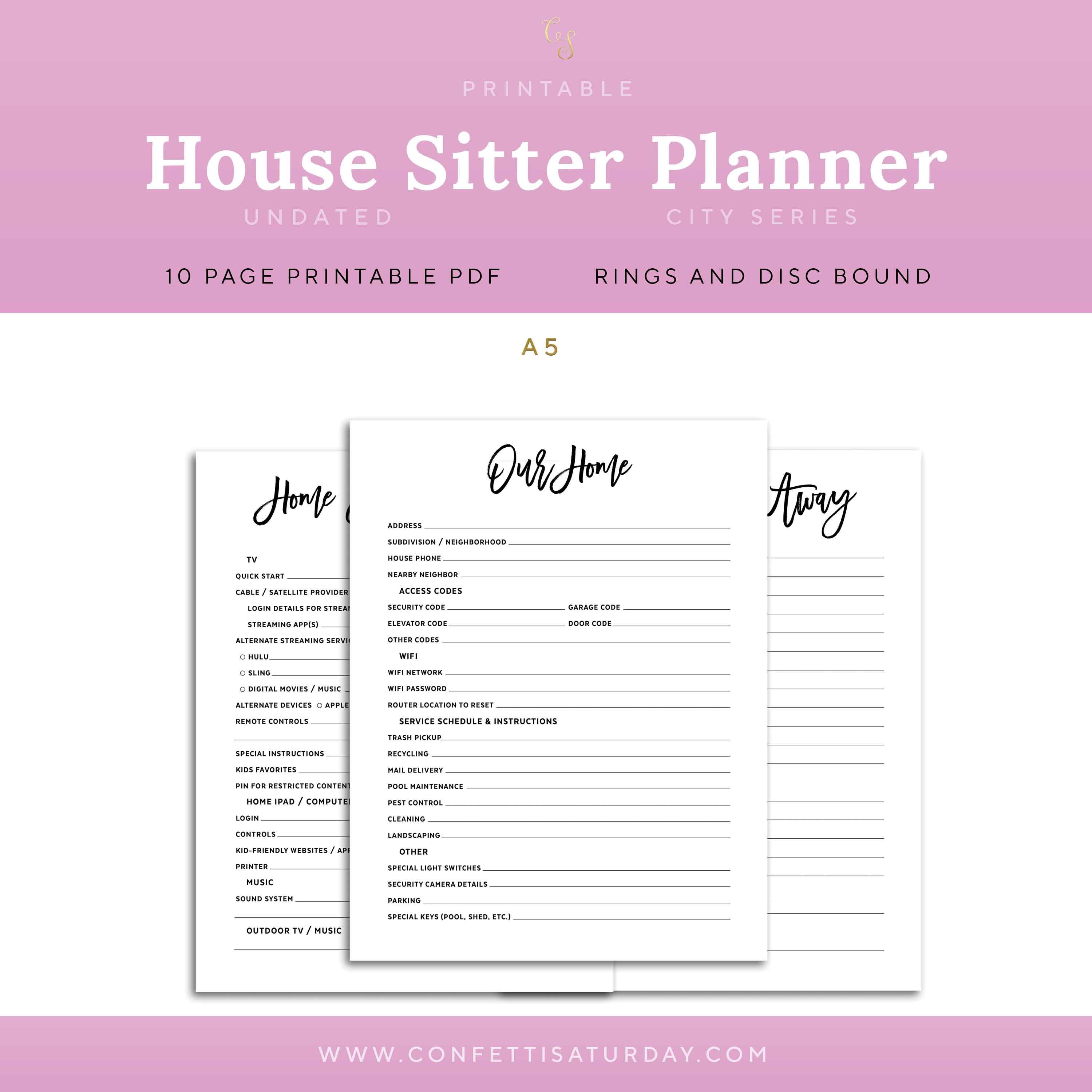 Paper & Party Supplies House Sitter Planner Printable A5 Rings Home ...