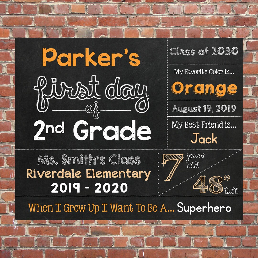First Day of School Sign for Second Grade, Printable Chalkboard Digital ...