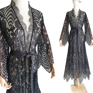 Black Lace Robe Long Black Bridal Robe Lingerie Black Lace Wedding ...