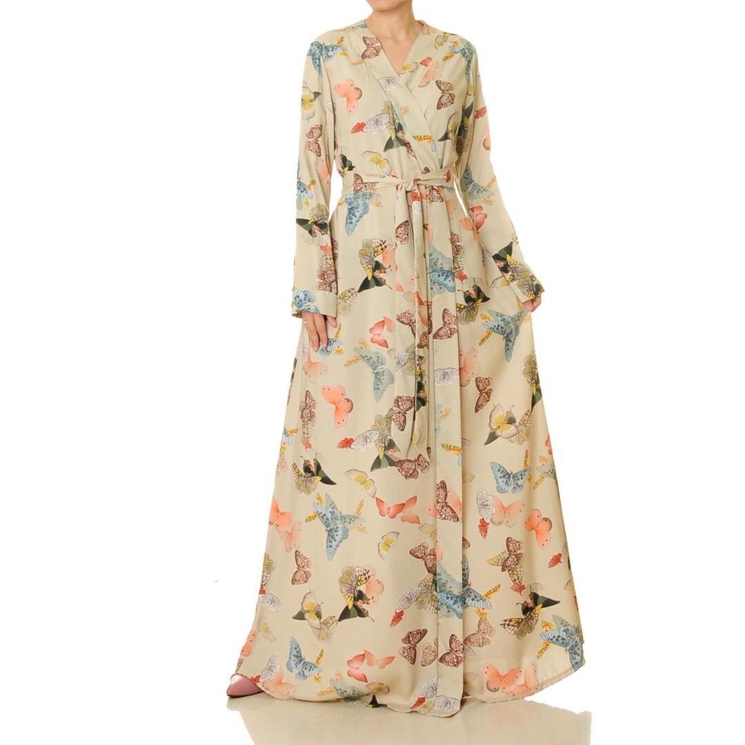 Butterfly Print Cotton Robe Long Kimono Dressing Gown Floor Length 100% ...