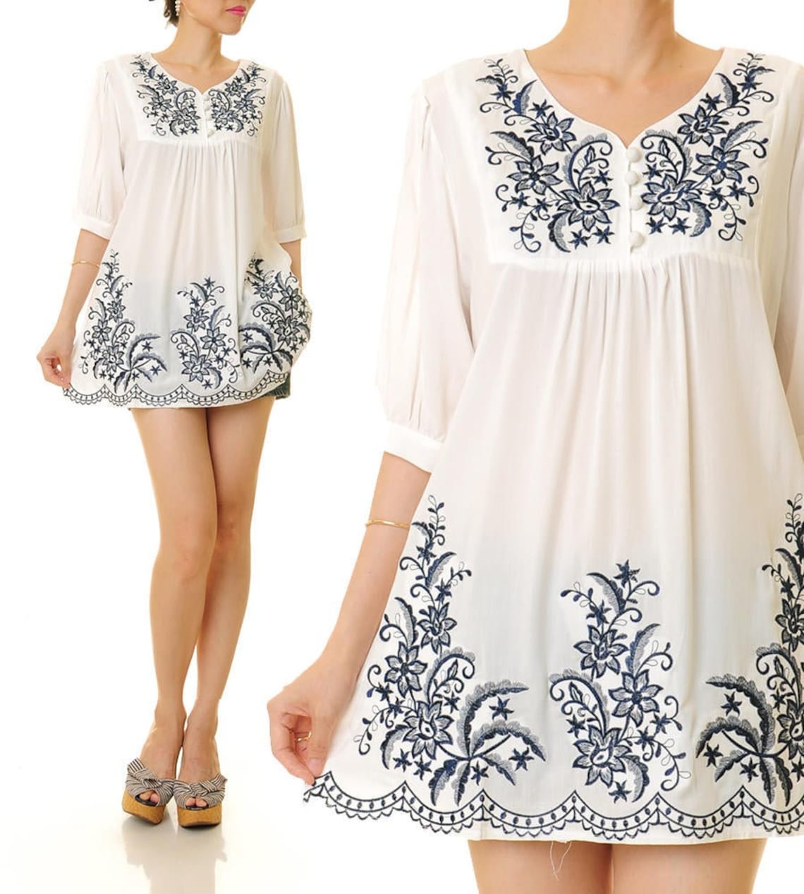 Mexican Tunic Dress Summer Embroidered Boho Top Cotton - Etsy