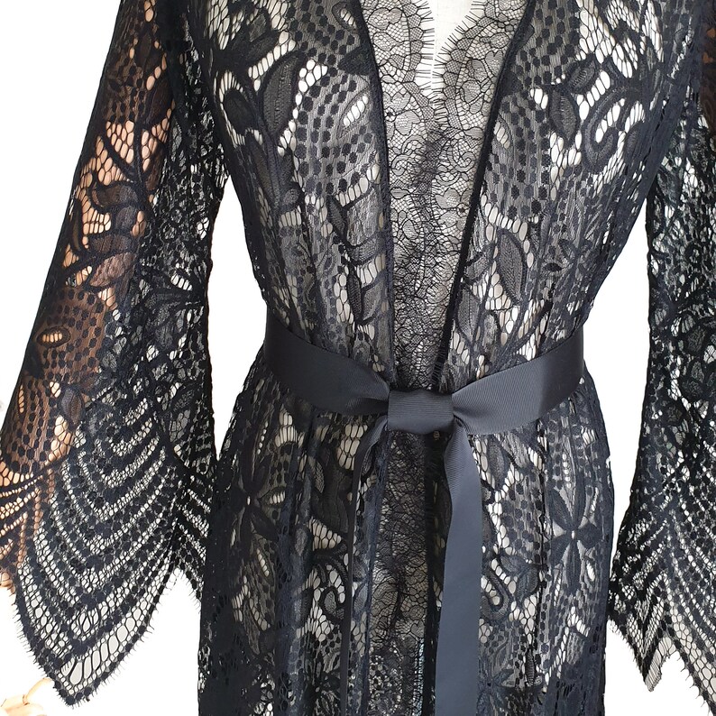 Black Lace Robe Long Black Bridal Robe Lingerie Black Lace - Etsy