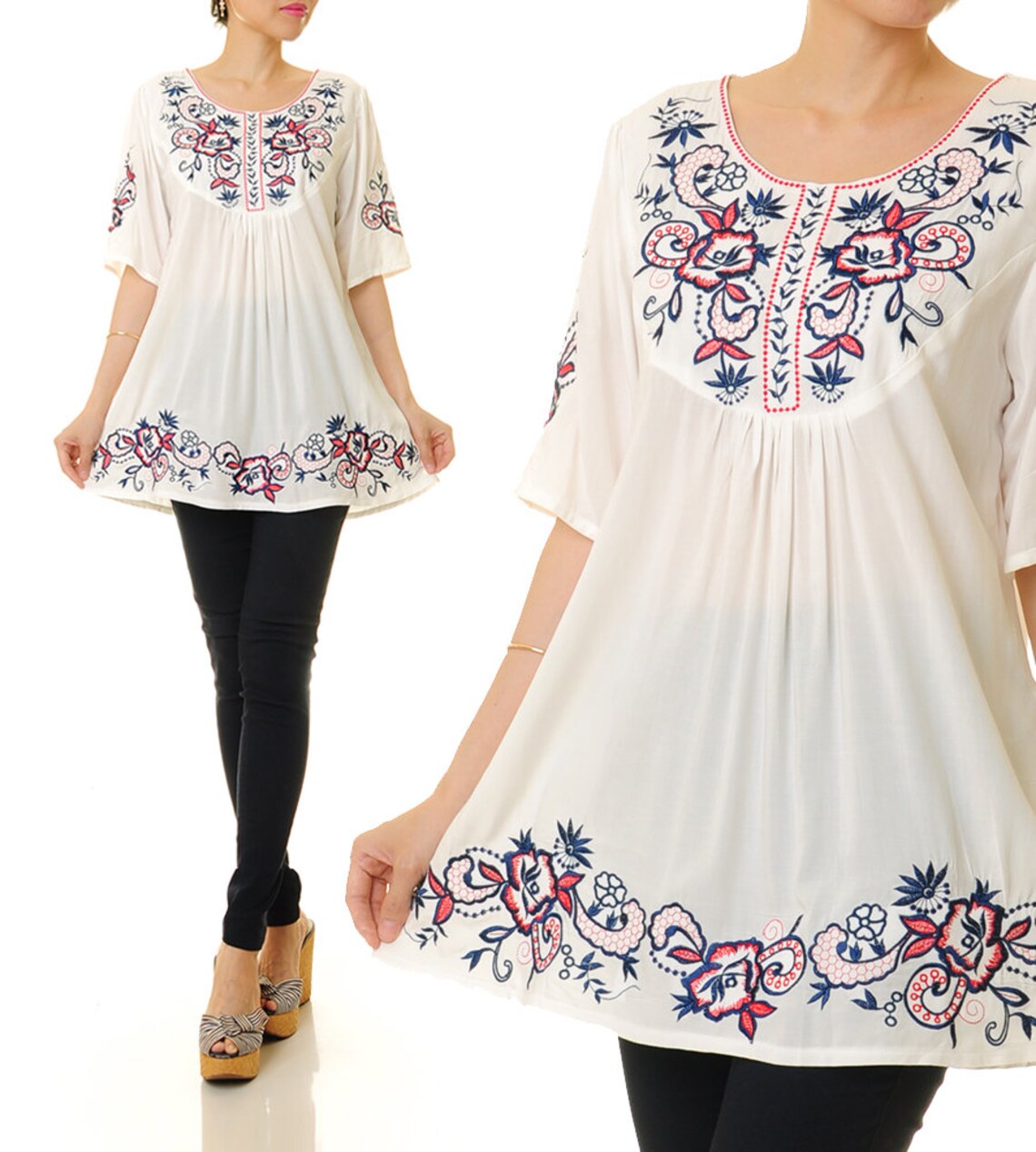 Mexican Tunic Dress Summer Embroidered Boho Top Cotton - Etsy