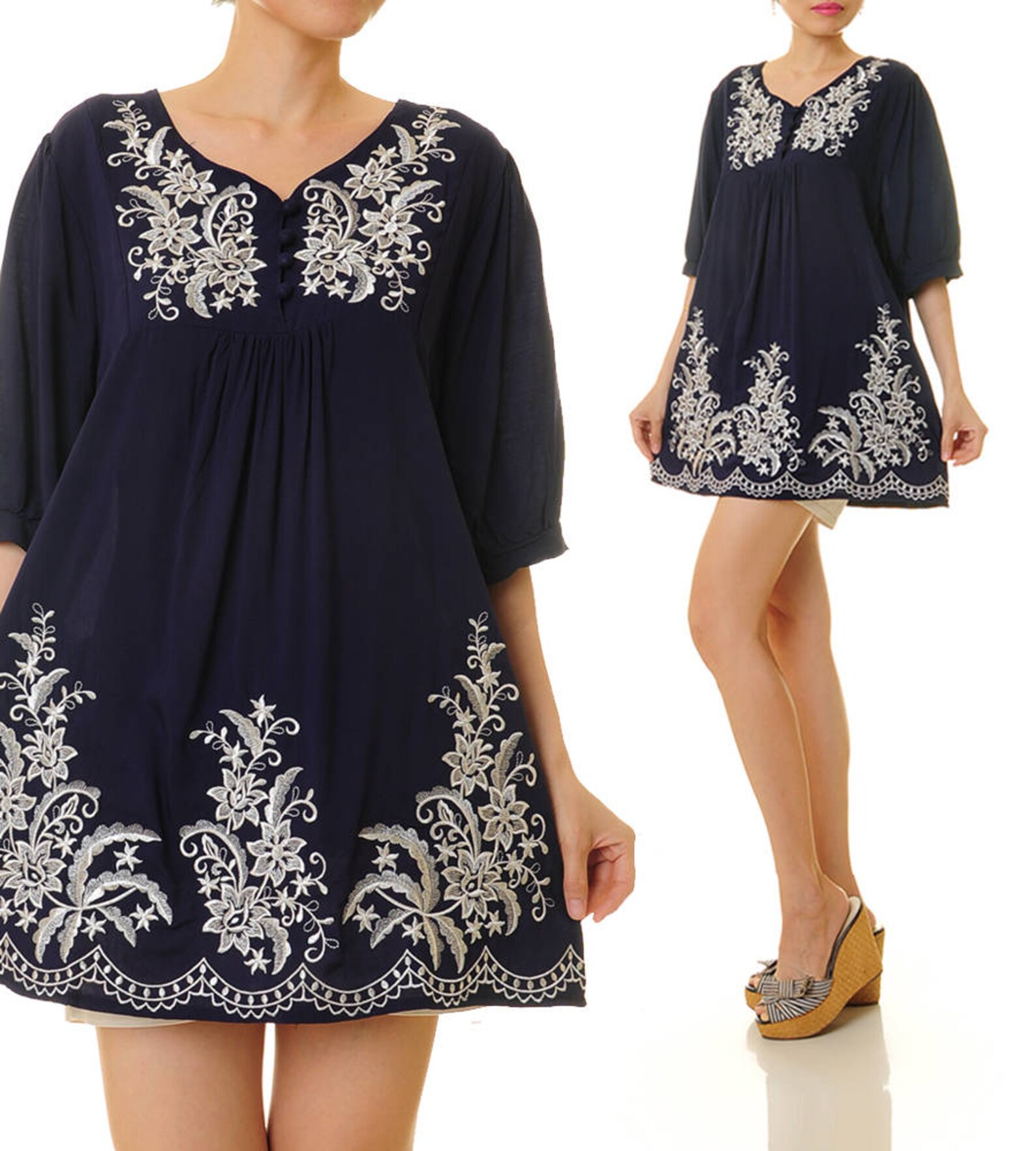 Mexican Tunic Dress Summer Embroidered Boho Top Cotton - Etsy