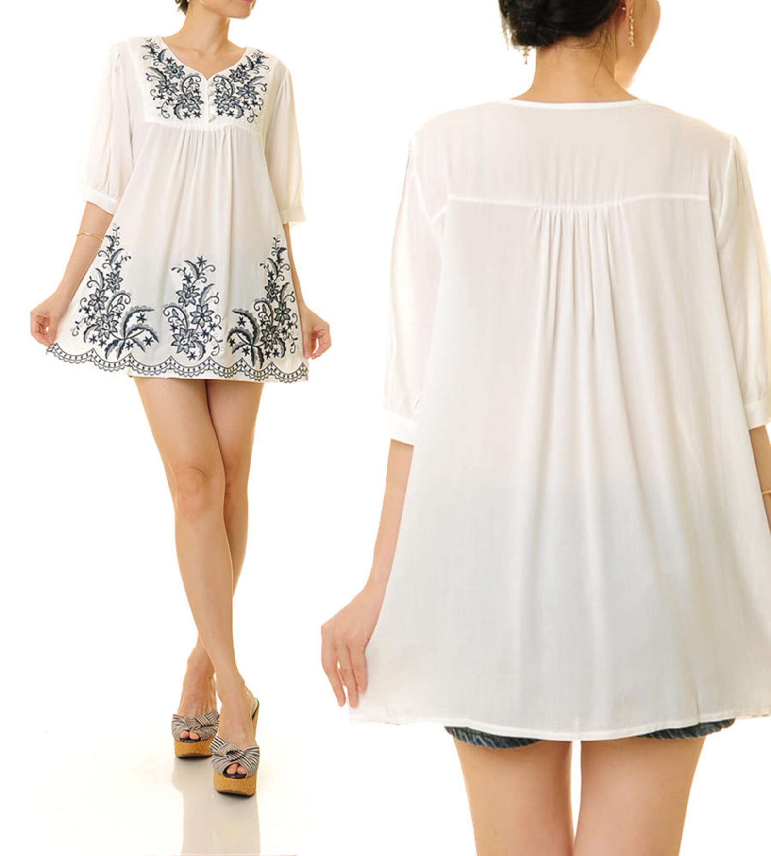 Mexican Tunic Dress Summer Embroidered Boho Top Cotton - Etsy