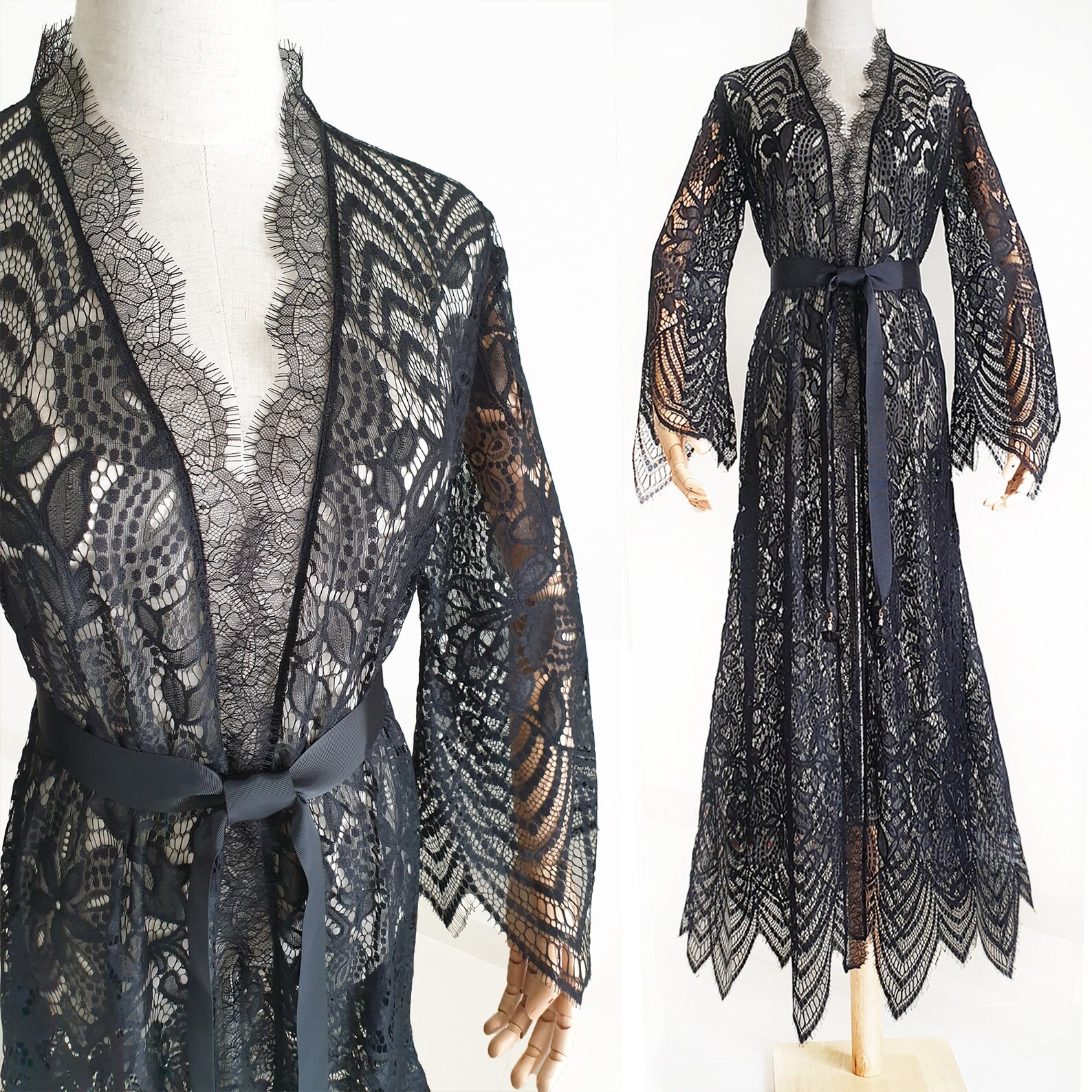 Black Lace Robe Long Black Bridal Robe Lingerie Black Lace - Etsy