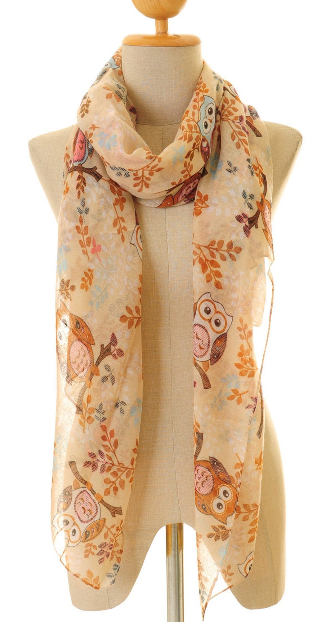 Beige Owl Scarf Owl Infinity Scarf Bird Scarf Floral Scarf Summer Scarf ...