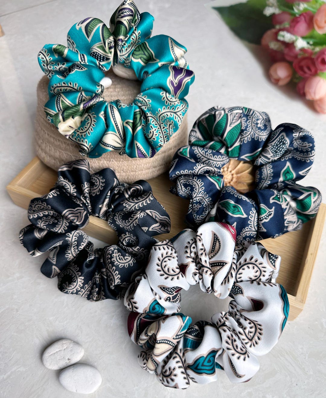 Boho Batik Satin Scrunchies: Indonesian Print Hair Tie - Etsy