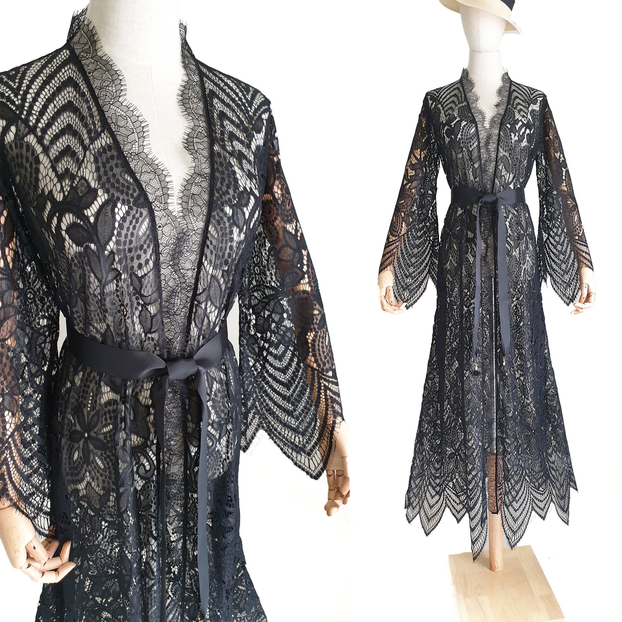 Black Lace Robe Long Black Bridal Robe Lingerie Black Lace | Etsy