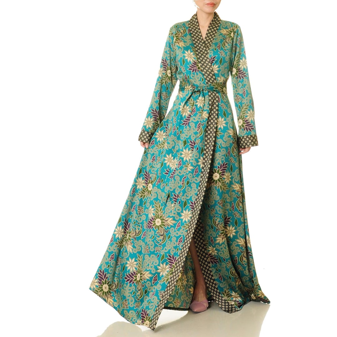 Turquoise Silky Satin Batik Kimono Robe: Teal Boho Dressing Gown - Etsy