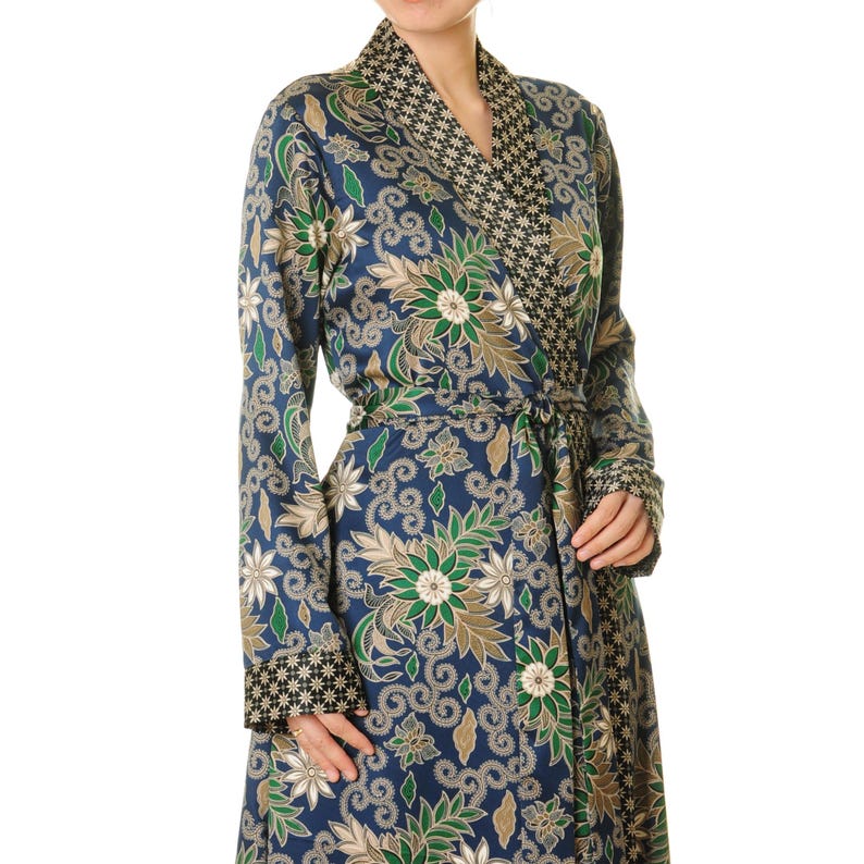 Navy Batik Satin Kimono Robe: Boho Loungewear, Bridal Dressing Gown - Etsy