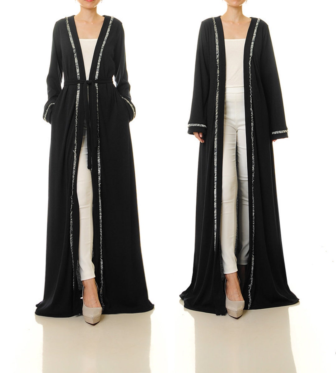Black Rib Knit Sweater Cardigan Floor Length Open Style Kimono Robe ...