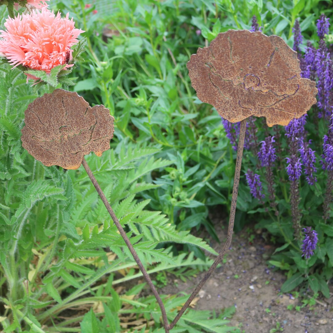Rusty Metal Poppy 2D Flat, Outdoor and Garden Gift, Double Poppy Head ...