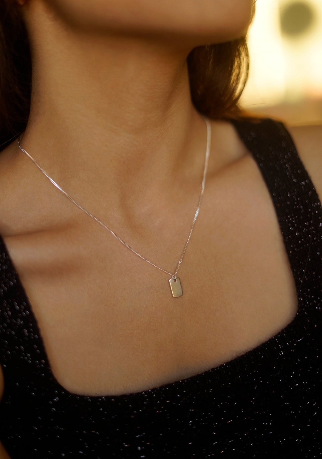 Sterling Silver Rectangle Tag Necklace Rectangle Charm - Etsy