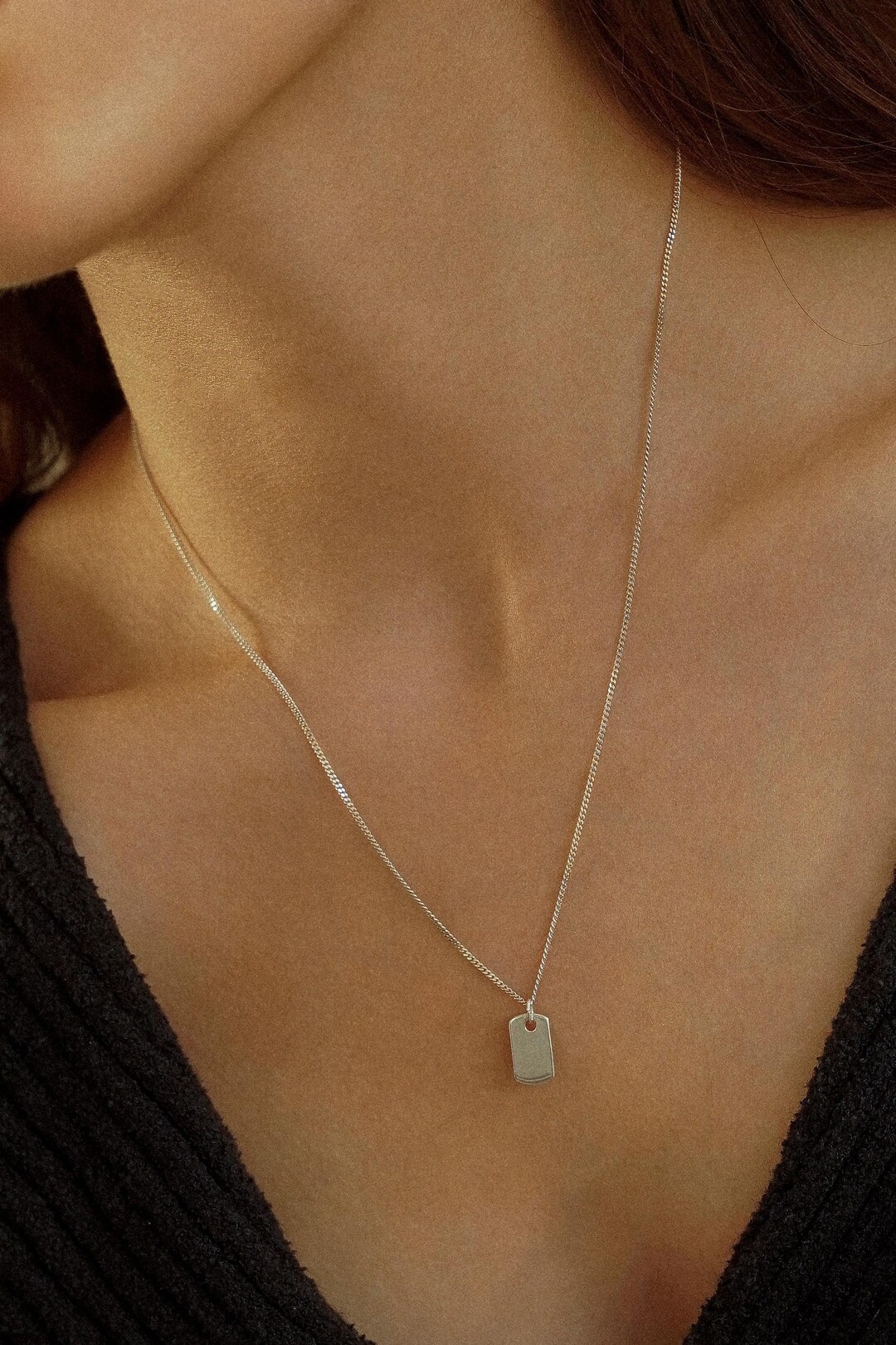 Sterling Silver Rectangle Tag Necklace, Rectangle Charm Necklace, Charm ...