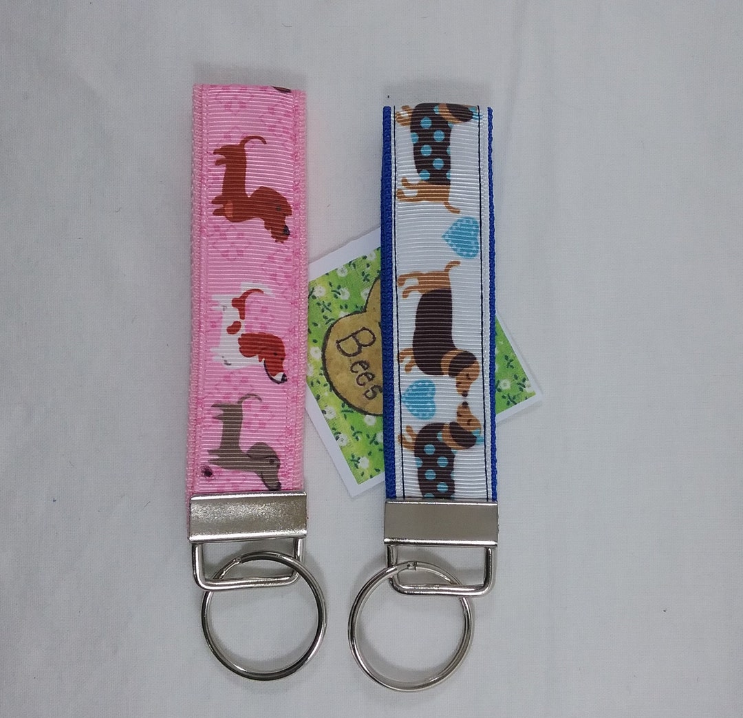 Handmade Key Fob DACHSHUNDS Dogs Design Pink or Blue Ribbon/webbing Key ...