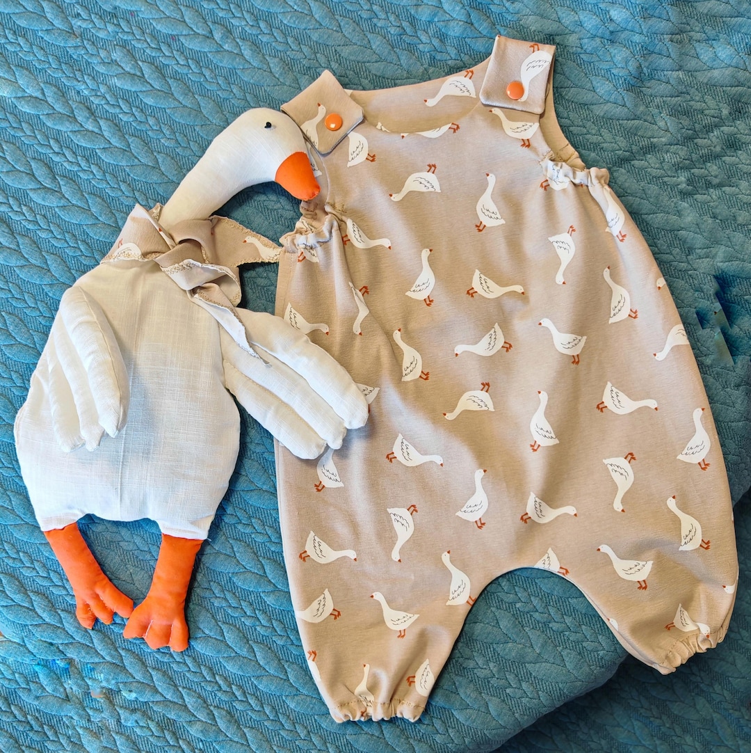 Goose Pattern Baby Romper Dungarees & Goose Soft Toy Set. Silly Goose ...