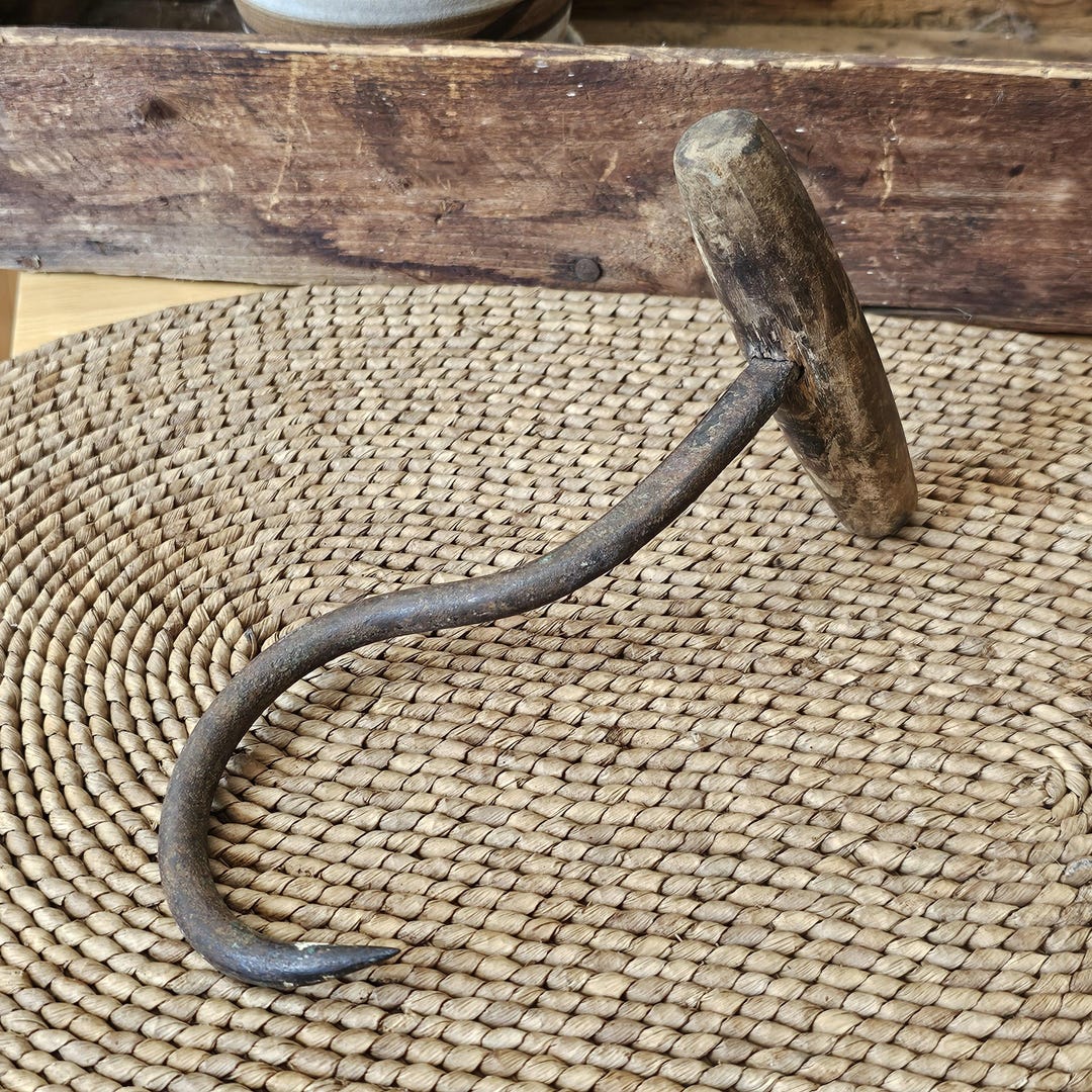 Vintage Primitive Hay Bale Hook With Hand Carved Wooden Handle. Rustic ...
