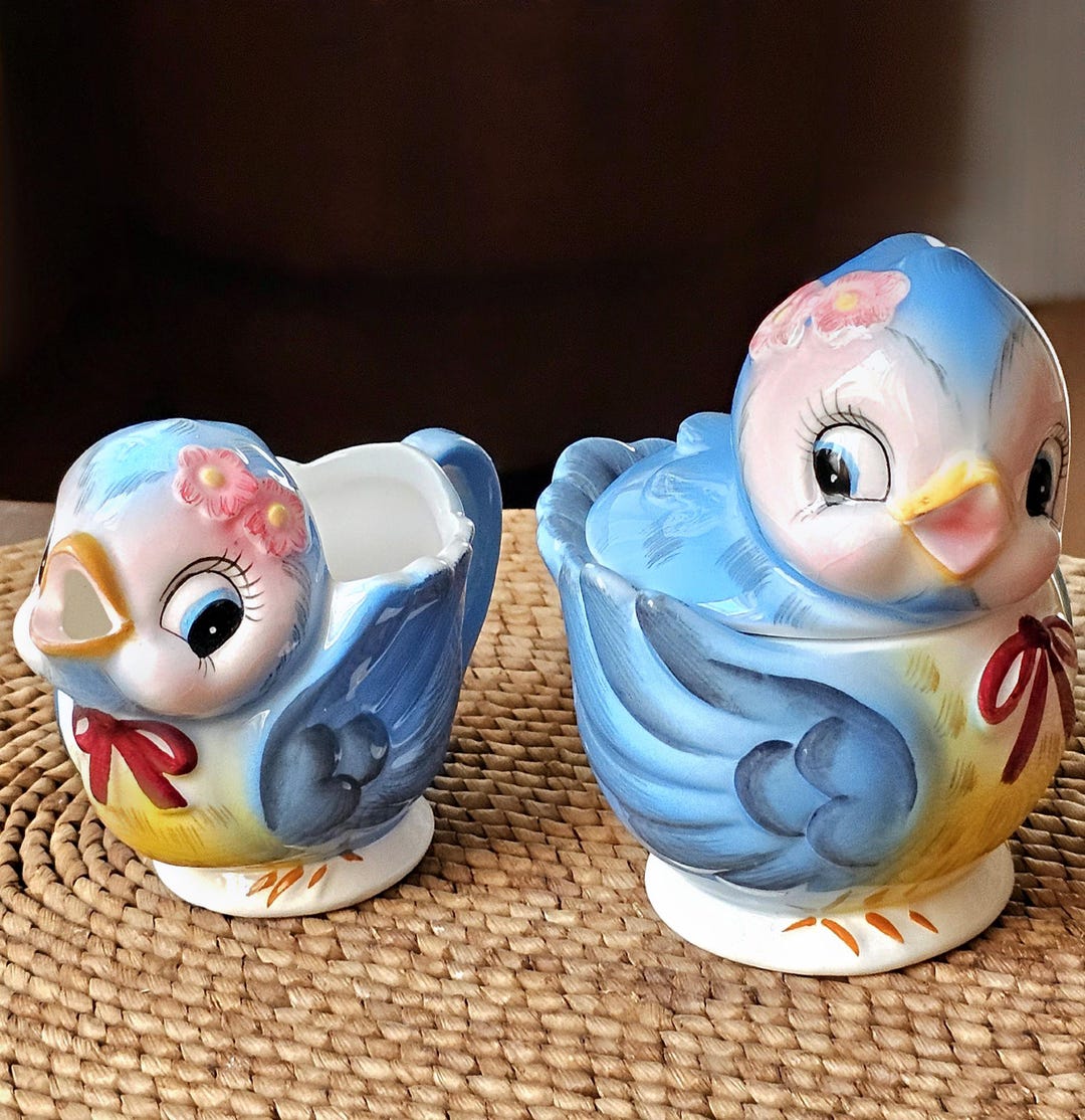 Vintage Lefton Bluebird Anthropomorphic Creamer and Covered Sugar Bowl ...