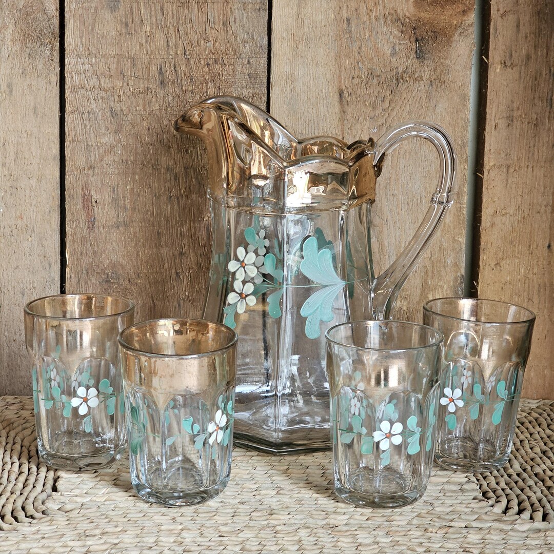 EAPG American Glass Colonial Panel Handpainted Floral Pitcher & 4 ...