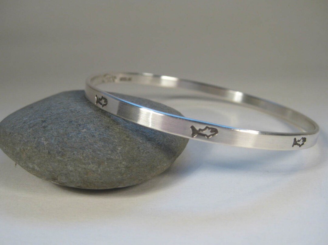 Fish Bracelet - Sterling Silver Stamped Fish Bangle - Handmade and Hand ...
