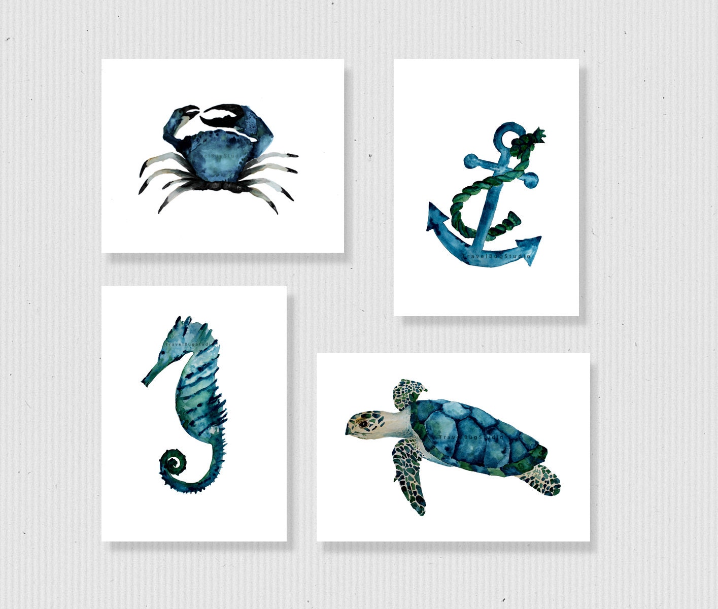 Nautical Print Set, Sea Life Art Prints, Nautical Wall Art, Watercolor ...