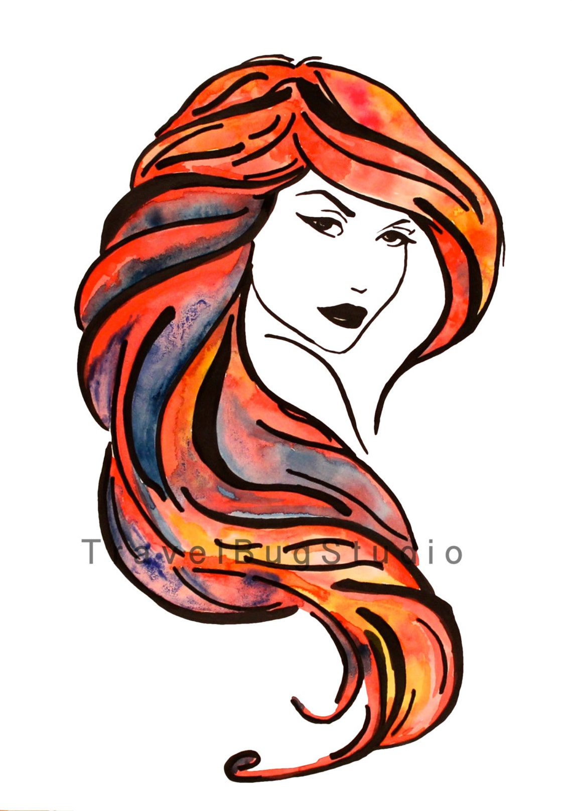Woman Outline Red Hair, Watercolor Painting Print, Instant Download ...