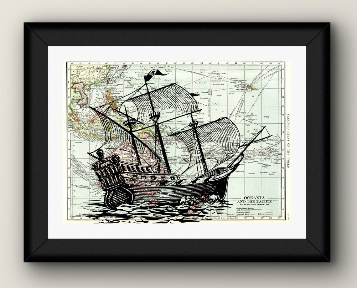 Pirate Ship Print / Nautical Wall Art / Vintage Map Print - Etsy