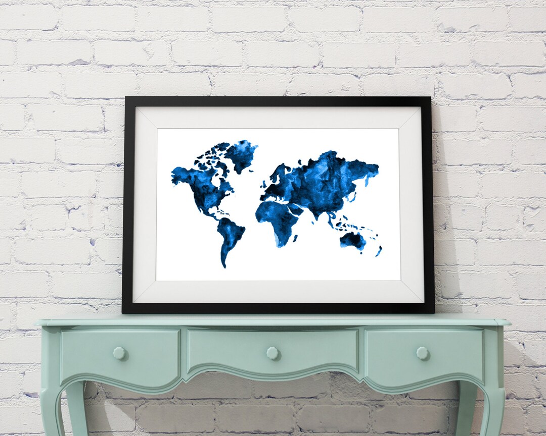 Blue Watercolor World Map, Digital Download Print, DIY Printable World ...