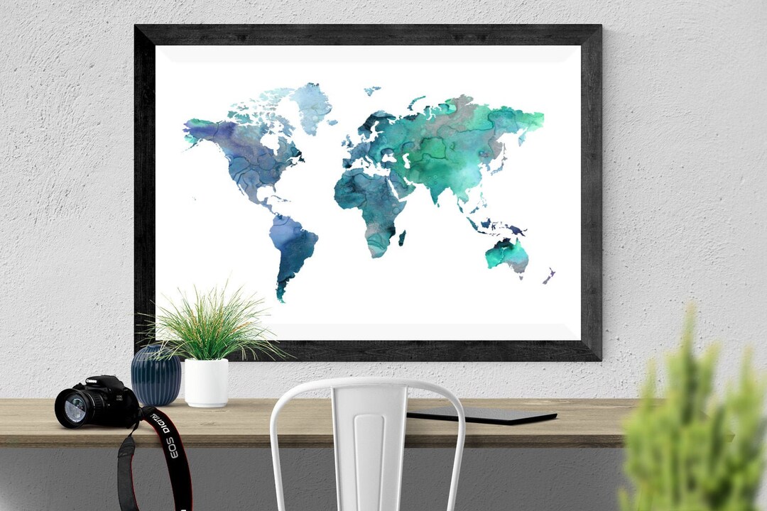 World Map Print, Aqua Map, Watercolor World Map - Etsy
