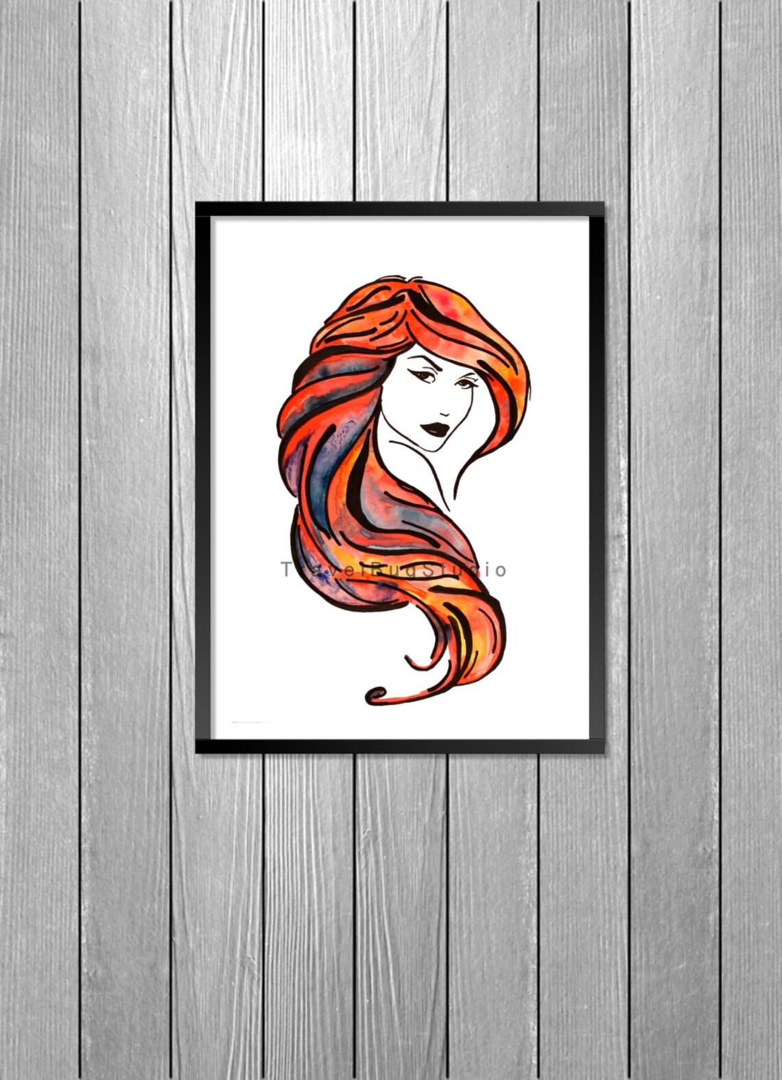 Woman Outline Red Hair, Watercolor Painting Print, Instant Download ...