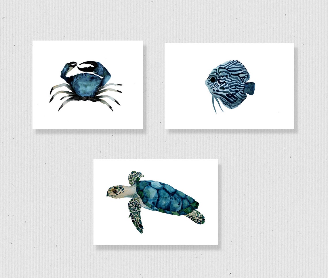 Ocean Life Print Set, Nautical Art Set, Sea Life Prints, Nautical Wall ...
