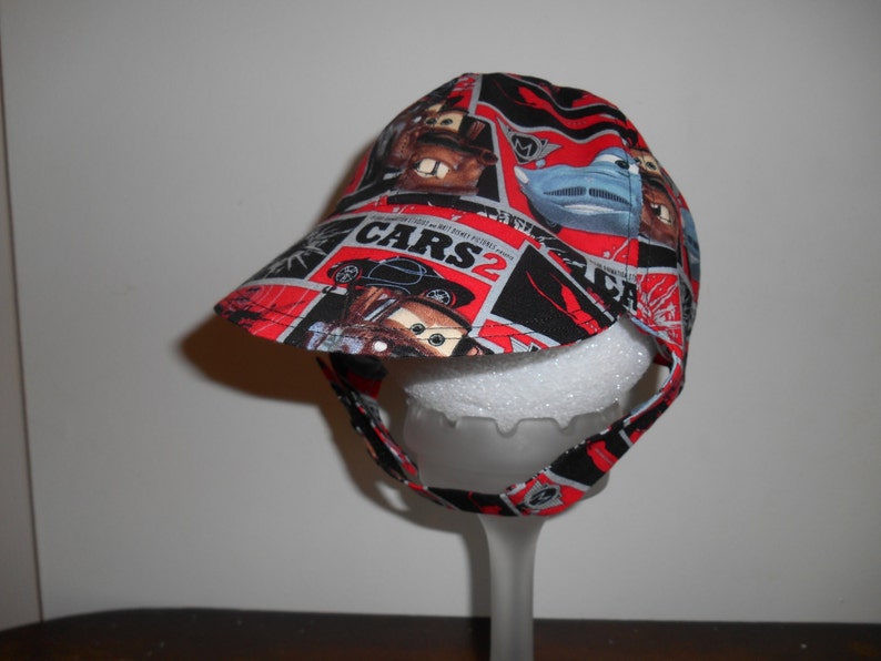 Little Boys Cap / Hat With Ear Flaps and Chin Strap. Fun "cars" Fabric ...