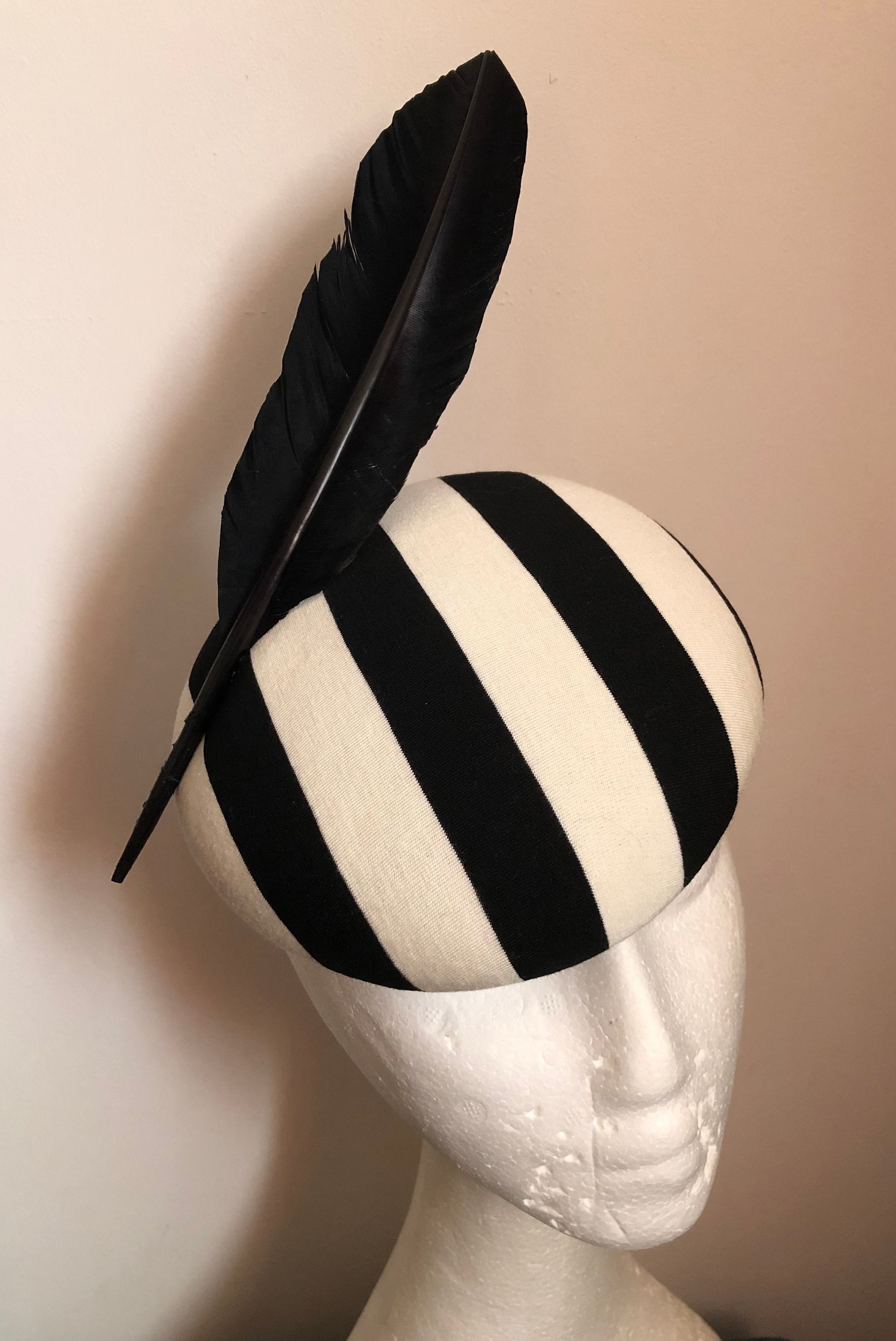 Black and Champagne Cream Striped Pillbox Hat With Feather.stripe ...