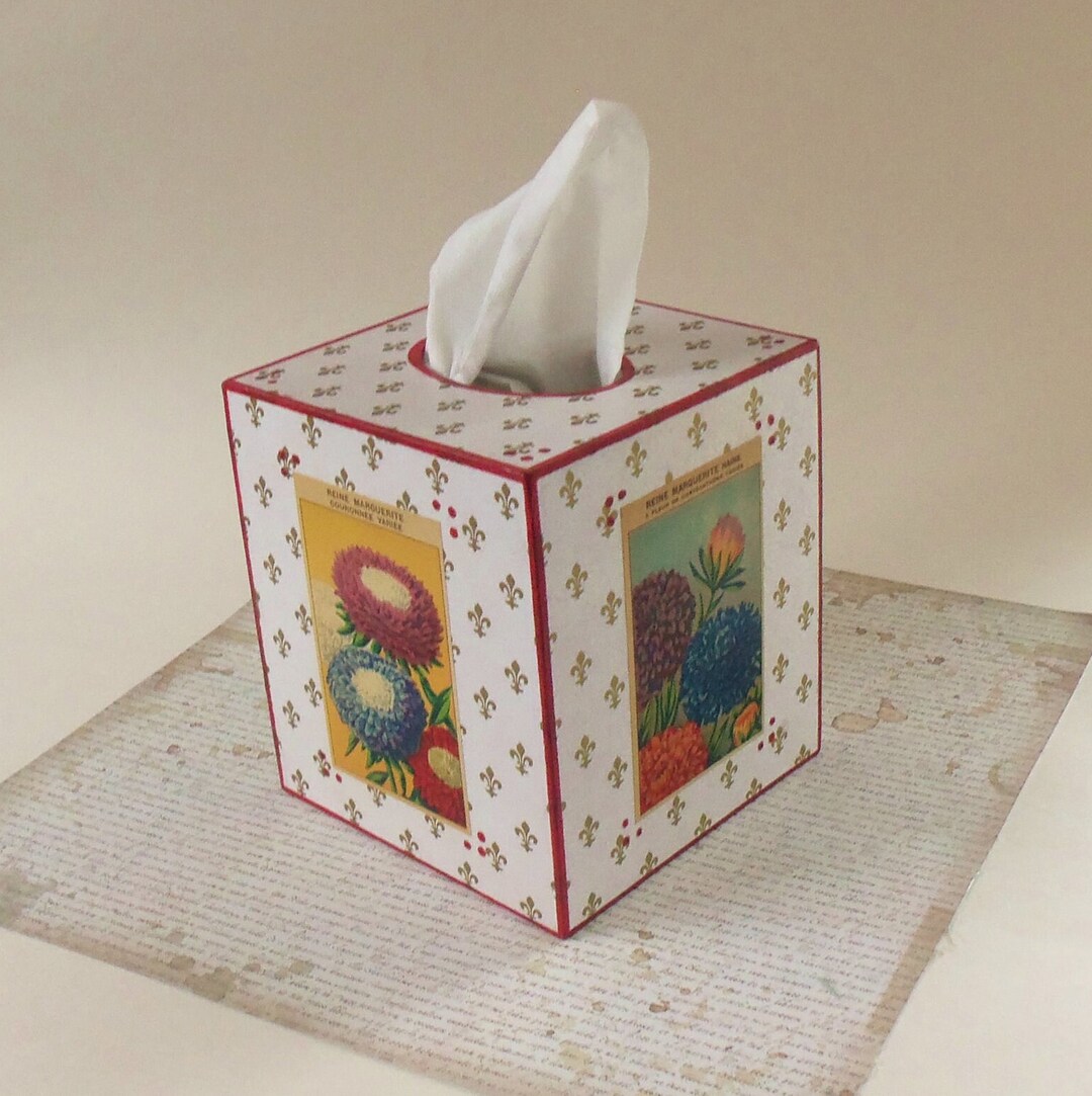 Tissue Box Cover Pretty Cottage Look Vintage French Flower Seed Labels ...