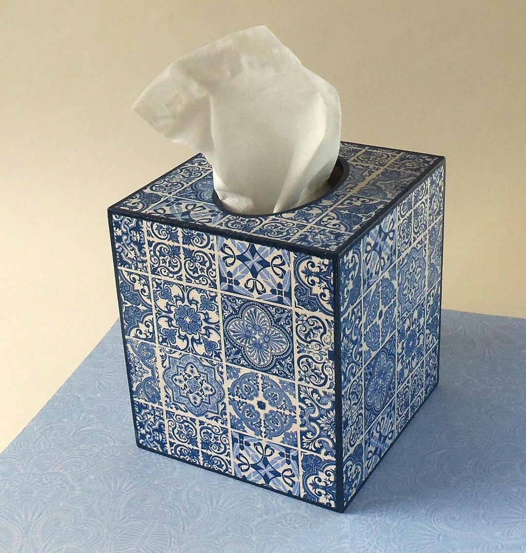 Wood Tissue Box Cover - Tissue Box Holder - Pretty Blue and White ...