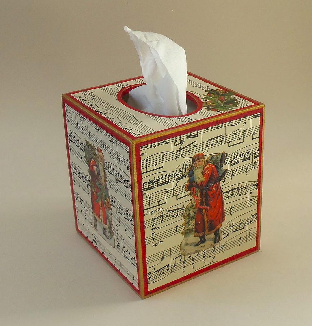Christmas Wood Tissue Box Cover - Vintage Look - Victorian Santa Paper Cuts Decoupaged on ...